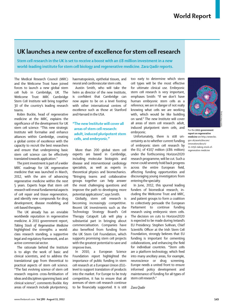 UK Launches A New Centre of Excellence For Stem Ce | PDF | Regenerative ...