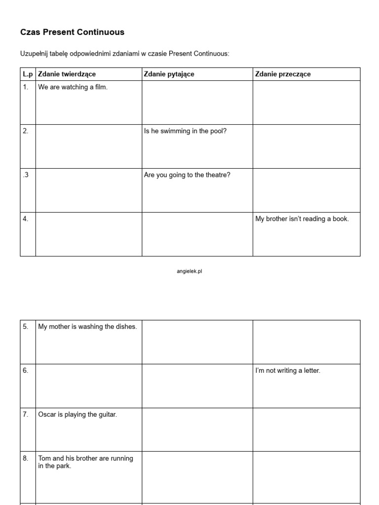 Czas Present Continuous Przeksztalcanie Zdan | PDF
