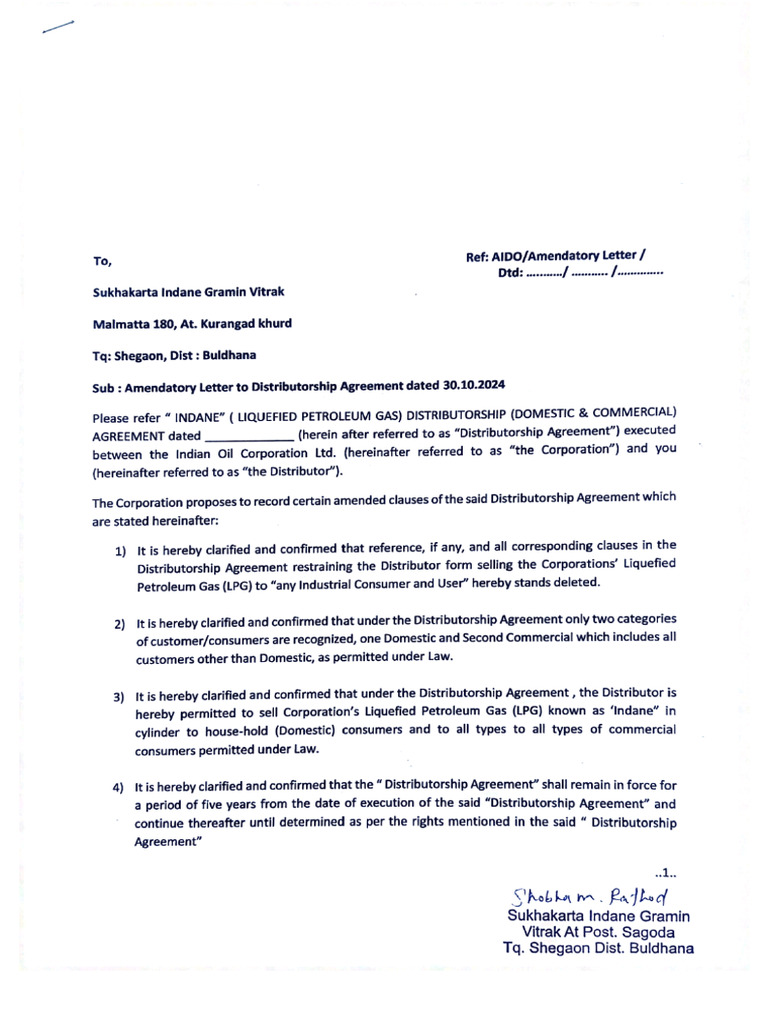 Amendatory Letter Distributorship Agreement | PDF