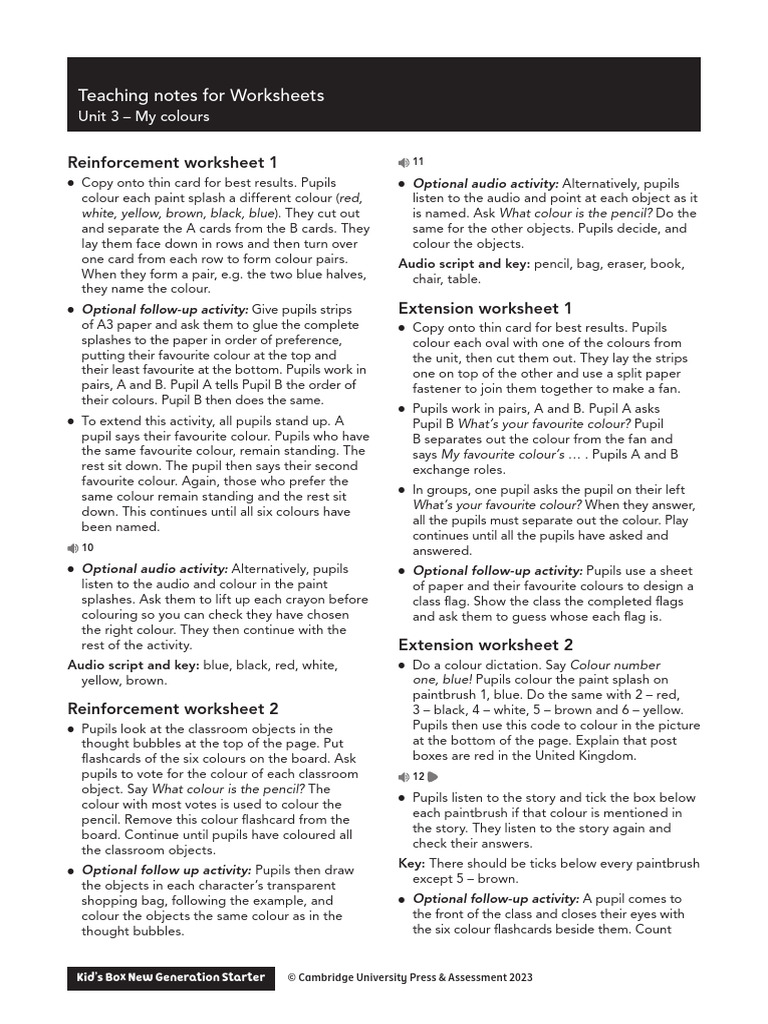 KidsBox Starter Unit3 Worksheets Teaching Notes | PDF