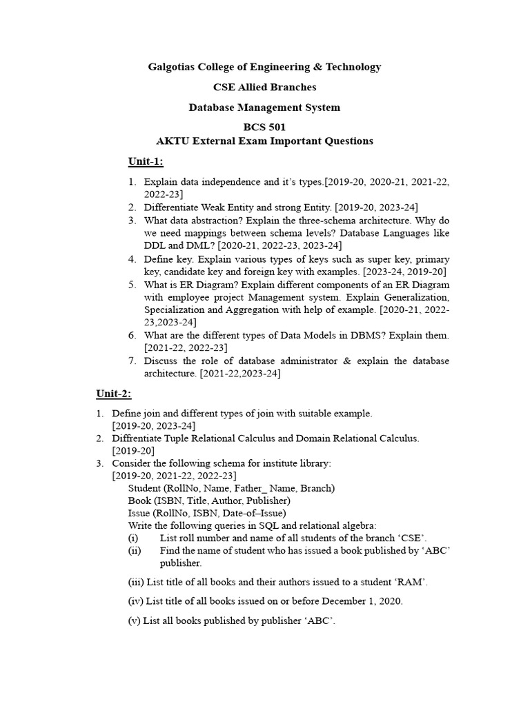 DBMS-BCS501-Important Questions | PDF | Relational Model | Databases