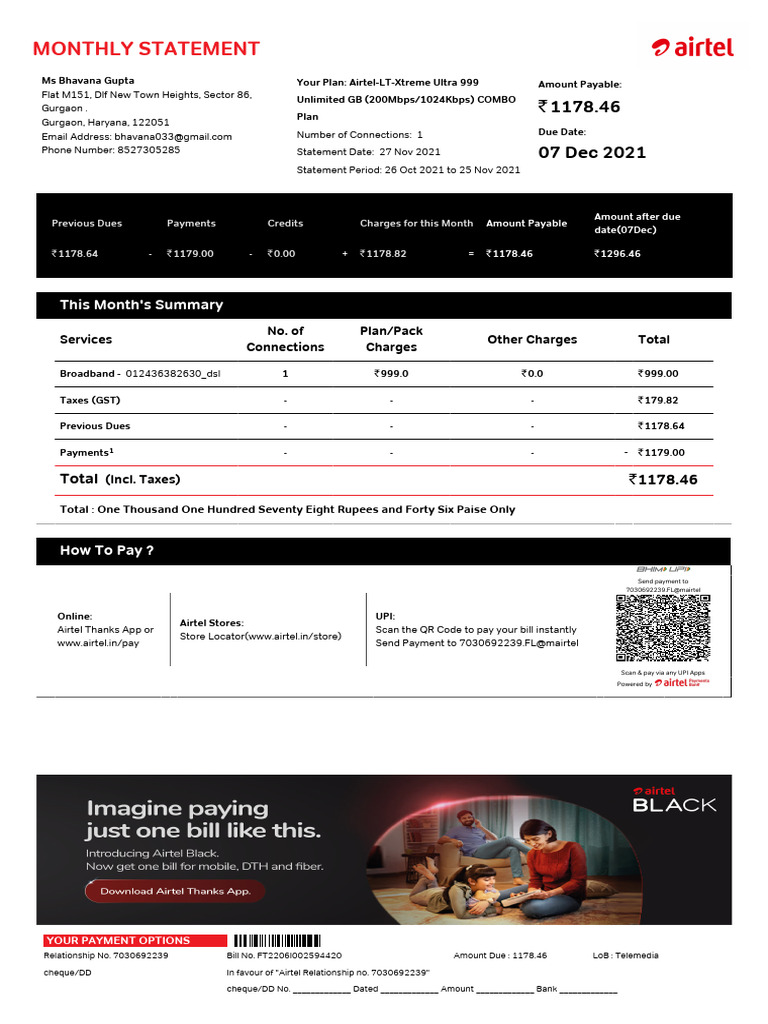 DSL Bill 012436382630 DSL FT2206I002594420 | PDF | Cheque | Credit Card