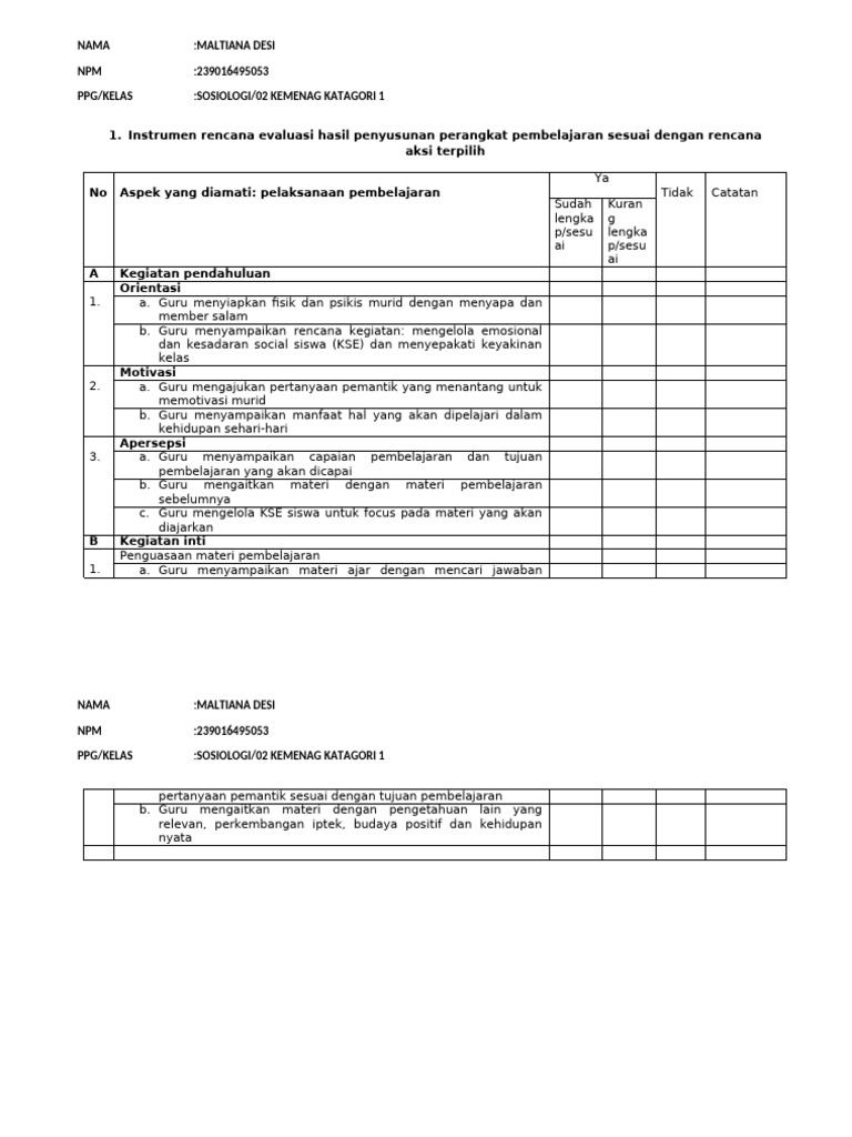 Instrumen Rencana Evaluasi Hasil Penyusunan Perangkat Pembelajaran Sesuai Dengan Rencana Aksi ...