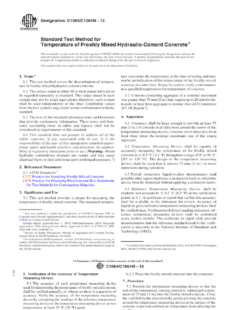 ASTM C 1064-12 Concrete Temperature | PDF