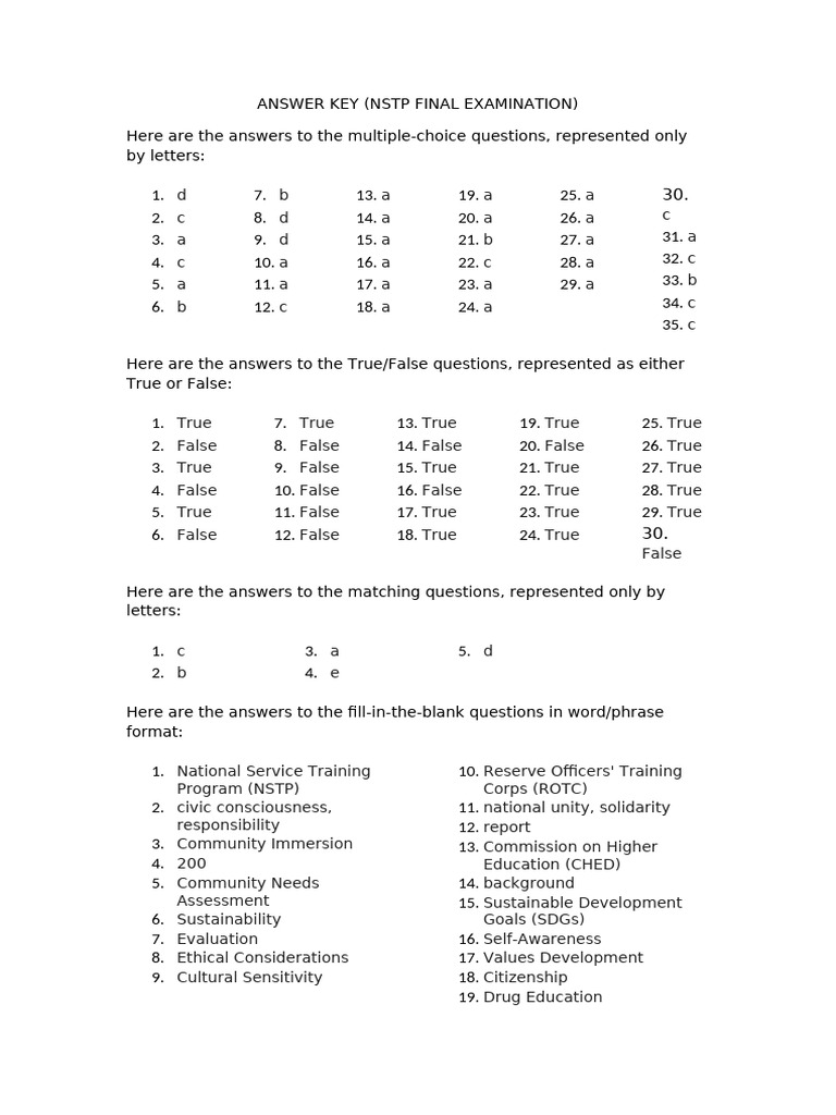 ANSWER KEY (NSTP Pre-Assesment) | PDF