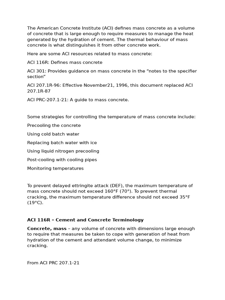 ACI Mass Concrete Notes | PDF | Concrete | Water