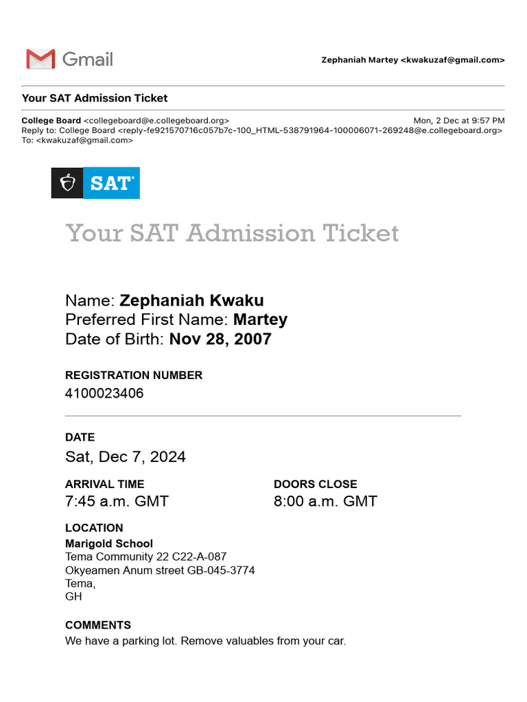 Your SAT Admission Ticket | PDF