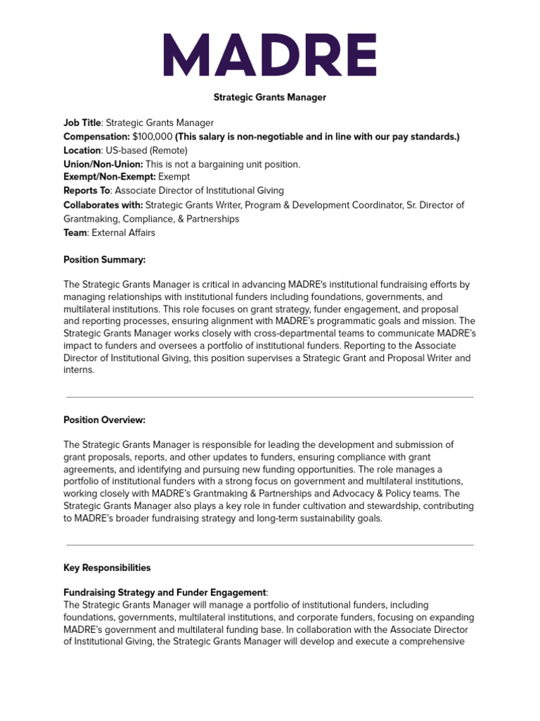 Remote Strategic Grants Manager Role | PDF | Employment | Grant (Money)