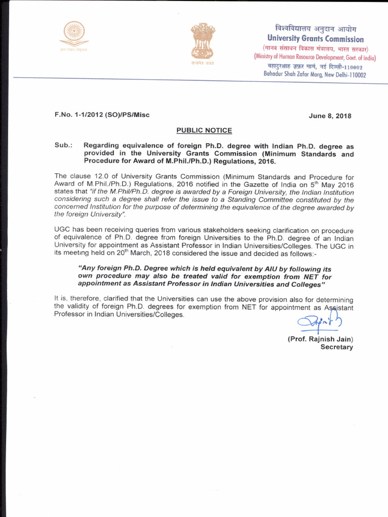 UGC Public Notice Regarding Equivalence of Foreign Ph.D.degrees | PDF ...