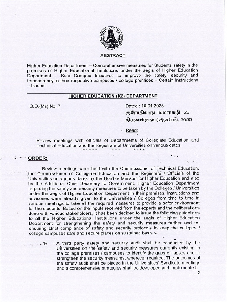 GO Ms No.7, HE K2 Dept - Safe Campus Initiatives | PDF