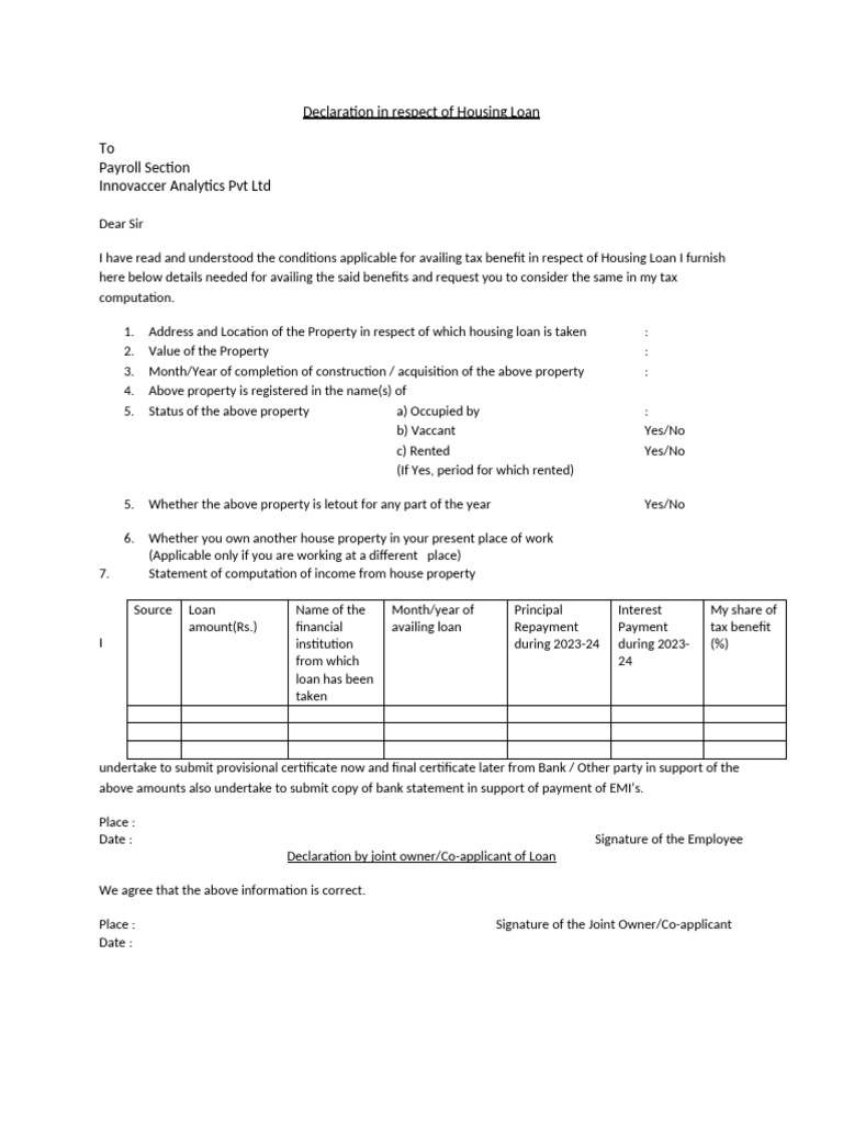 Declaration For Joint Housing Loan | PDF | Loans | Payroll Tax