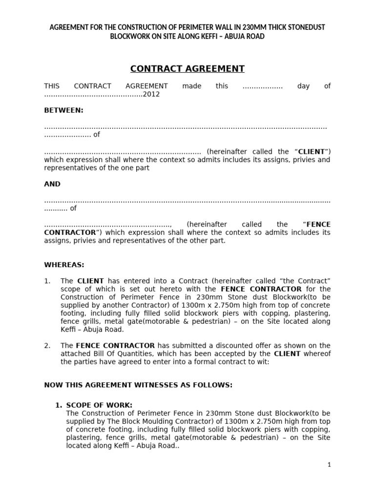 FENCE WORK AGREEMENT | PDF | Legal Liability | Arbitration