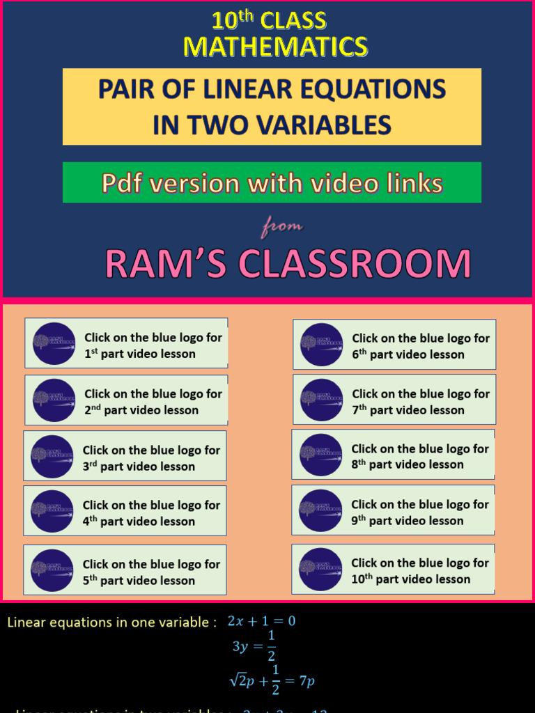 PAIR OF LINEAR EQUATIONS IN TWO VARIABLES - PDF Version With Video ...