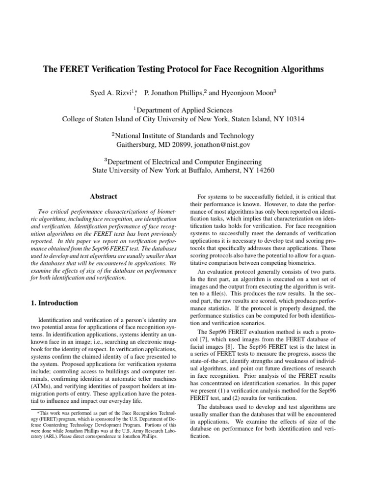 The FERET Verification Testing Protocol For Face Recognition Algorithms ...