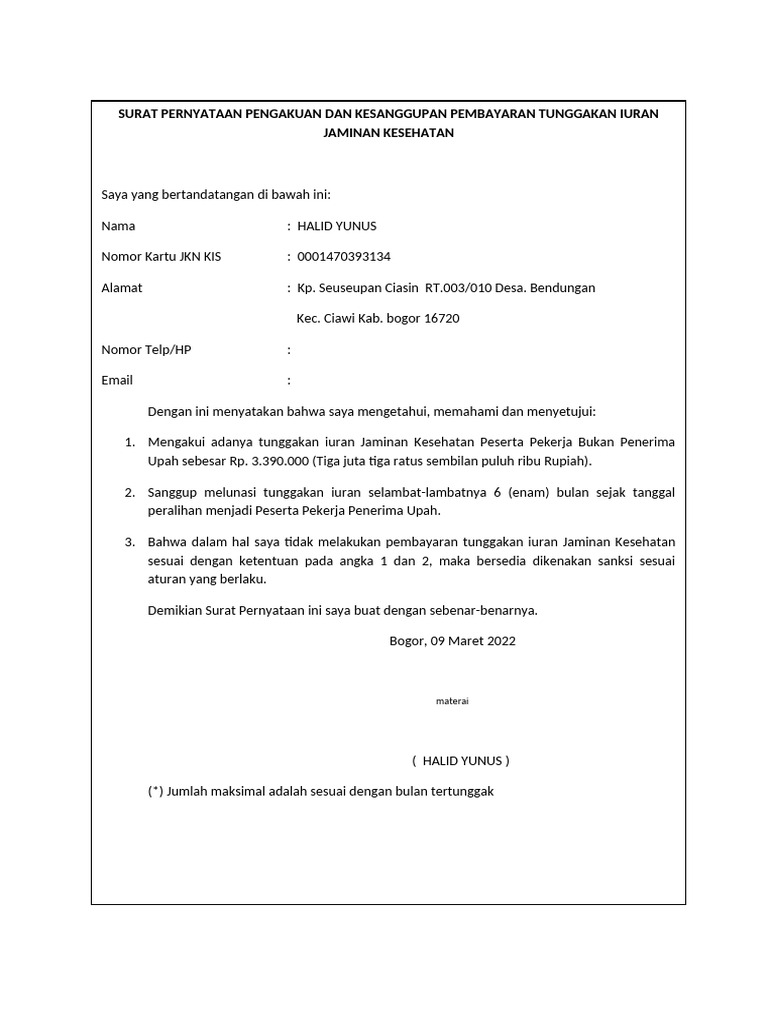 Surat Pernyataan Tunggakan | PDF