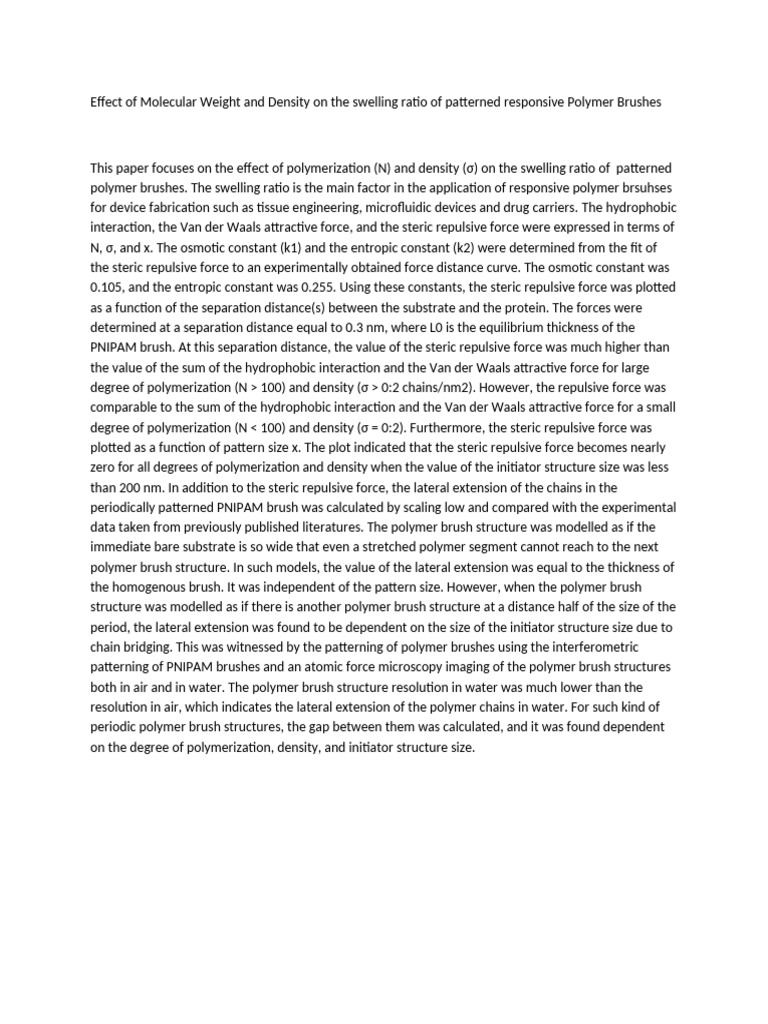 Effect of Molecular Weight On The Repulsive Force | PDF | Polymers | Force