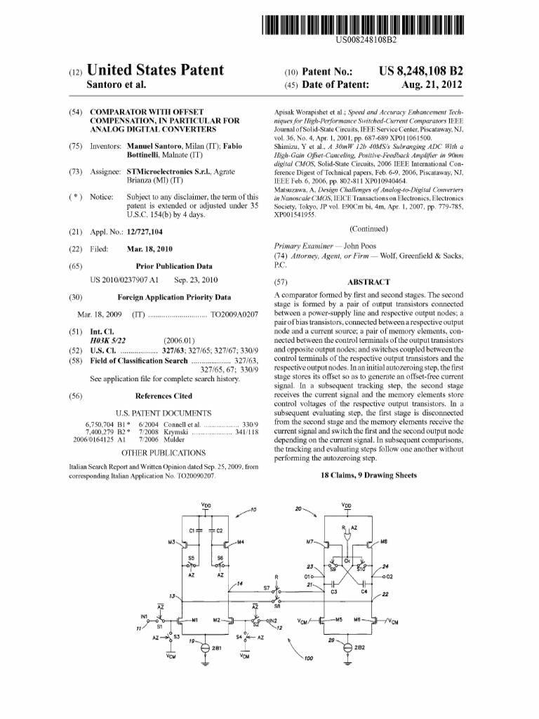 US8248108 (2010) - STM-Comparator With Offset Compensation, in Particular For Analog Digital ...