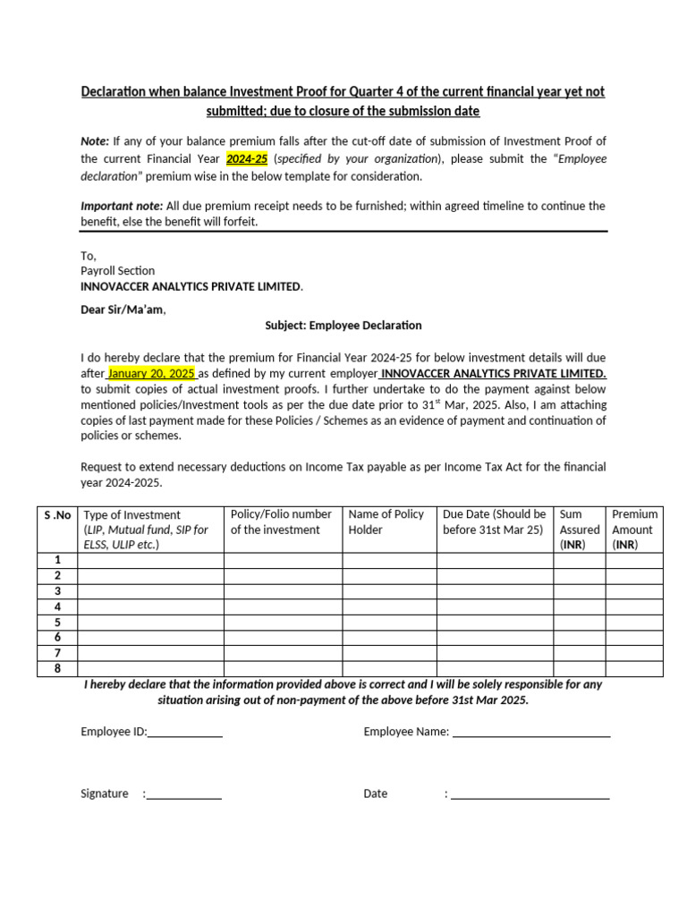 Employee Declaration for Investment Proof | PDF