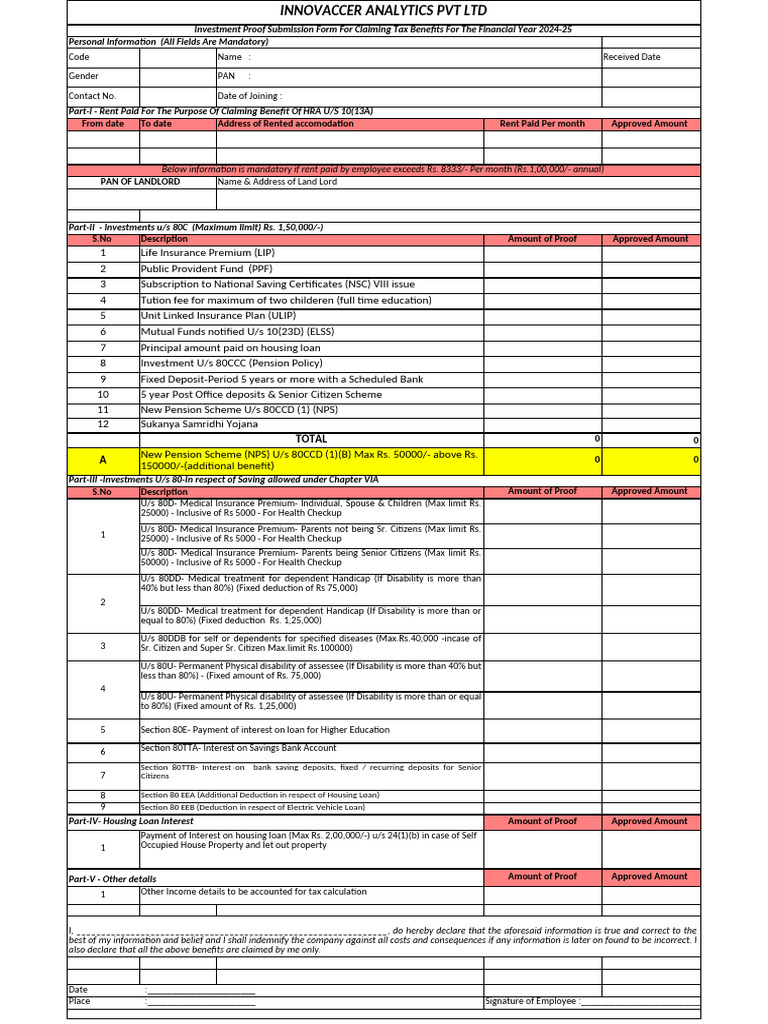 Investment Proof Submission Form-2024-25 | PDF | Economies | Financial ...
