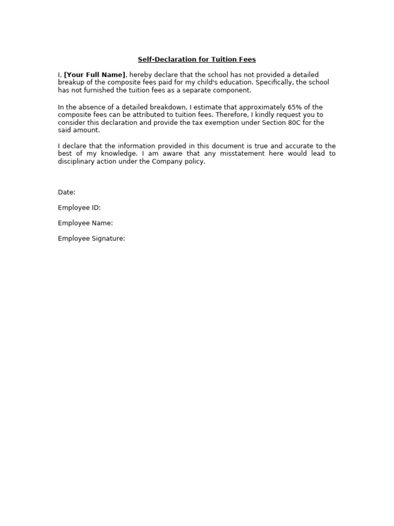 Self-Declaration For Tuition Fees | PDF