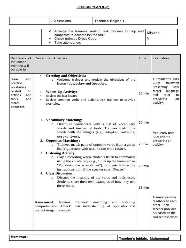 Lesson Plan-Technical English L-2 | PDF | Vocabulary | Reading ...