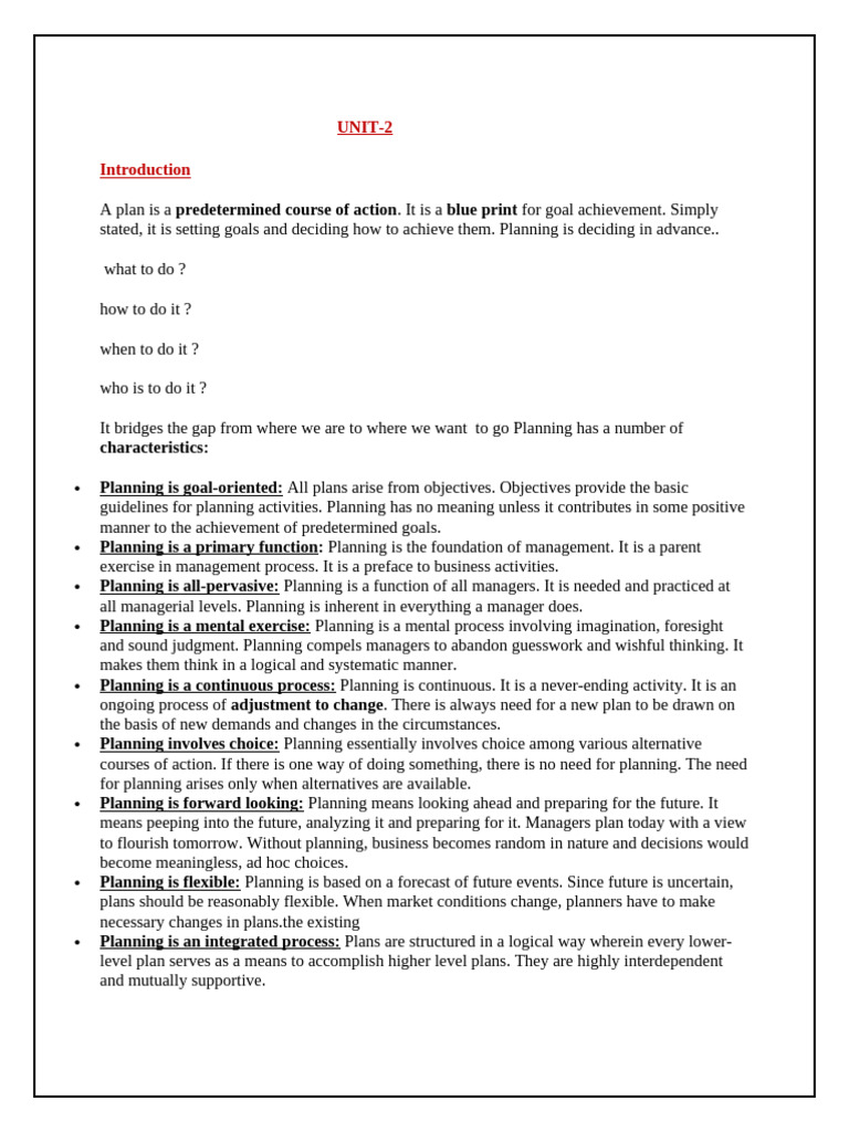 UNIT-2 Planning.. (BBA 1st Year) - BUSSINES MANAGEMENT NOTES | PDF ...