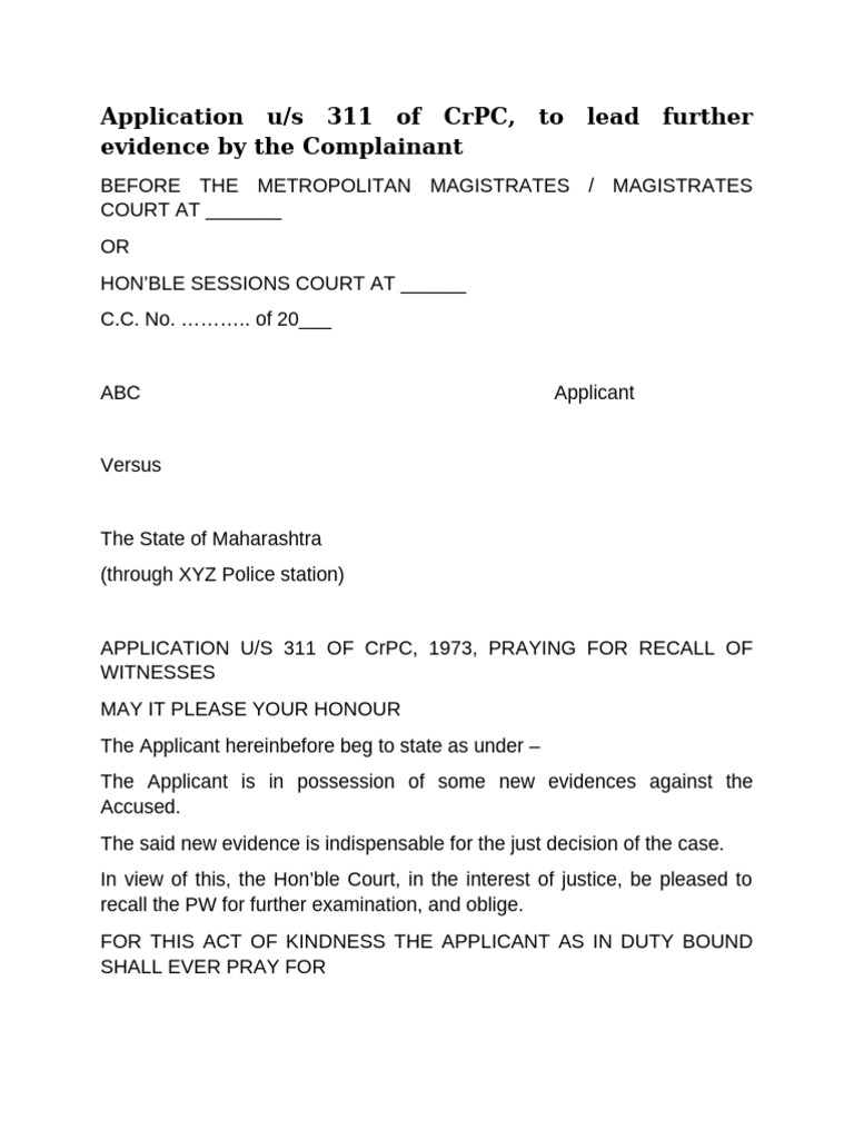 Application Section 311 of CRPC, To Lead Further Evidence by The Complainant | PDF