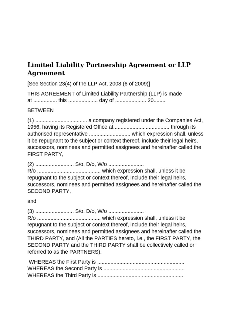 Limited Liability Partnership Agreement or LLP Agreement | PDF ...