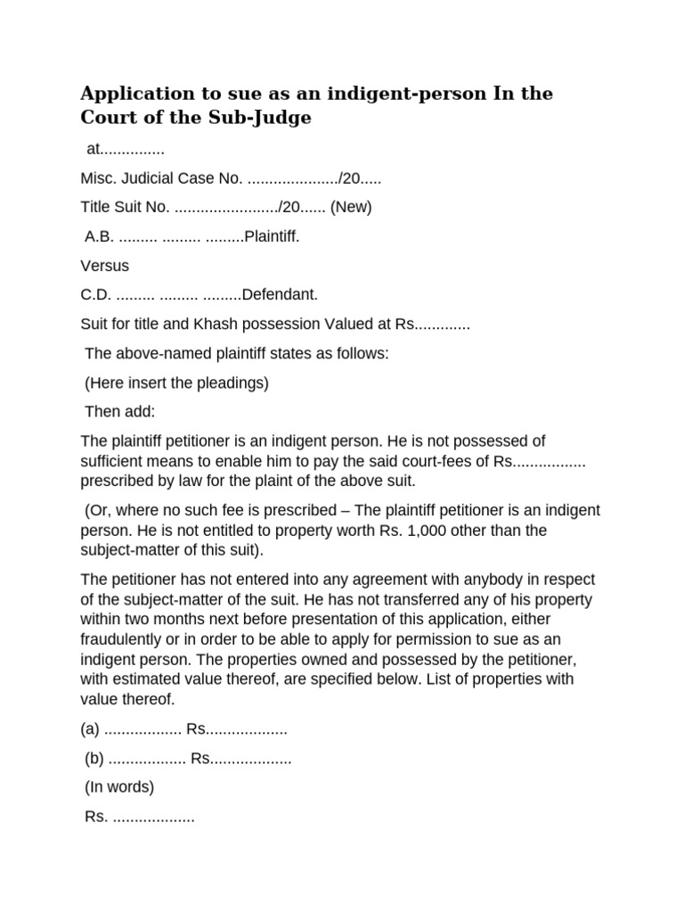 Indigent Person Suit Application Form | PDF