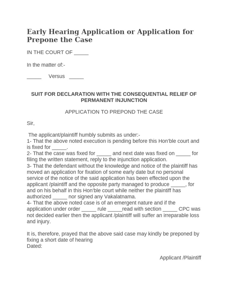 Early Hearing Application or Application For Prepone The Case | PDF