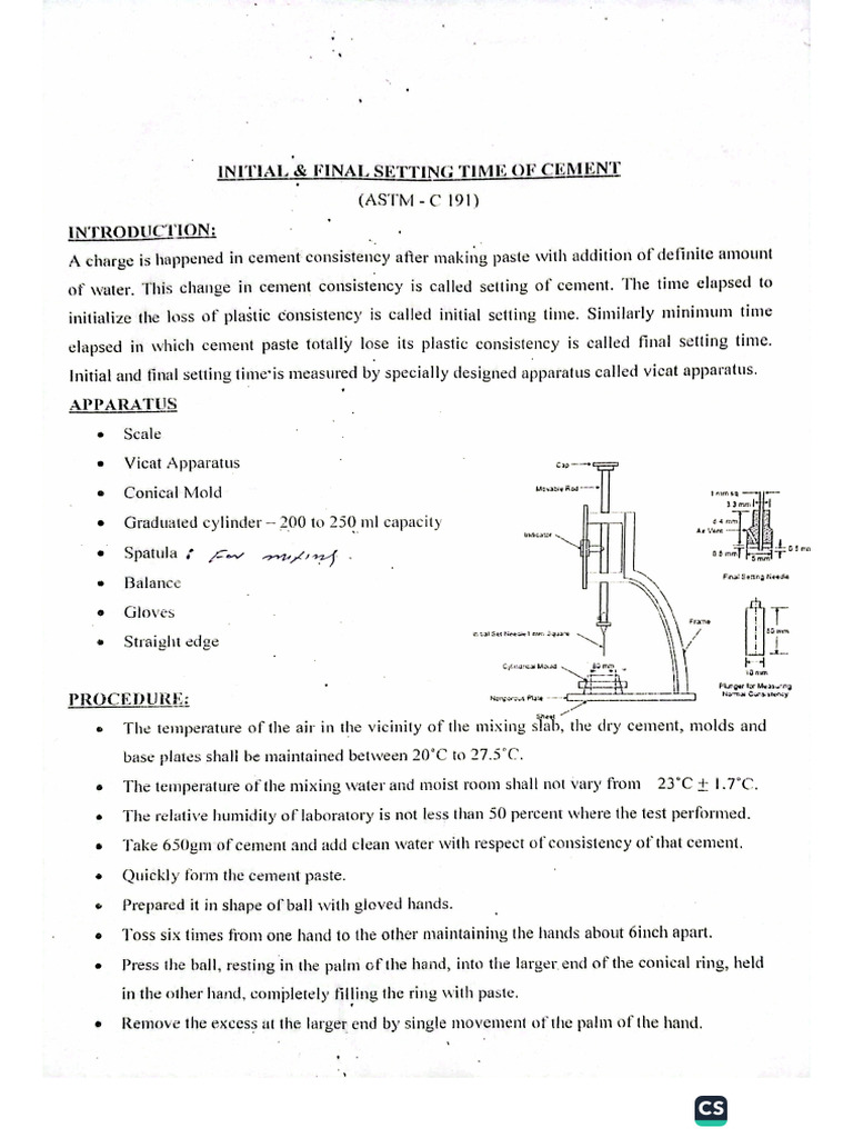 Initial &Final Setting Time of Cement | PDF