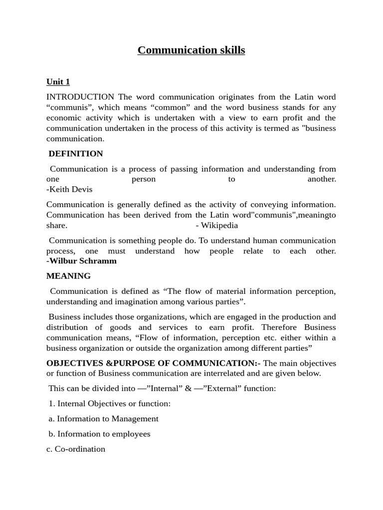 Communication Skills Unit 1 - (BBA 1st Year) | PDF | Communication ...