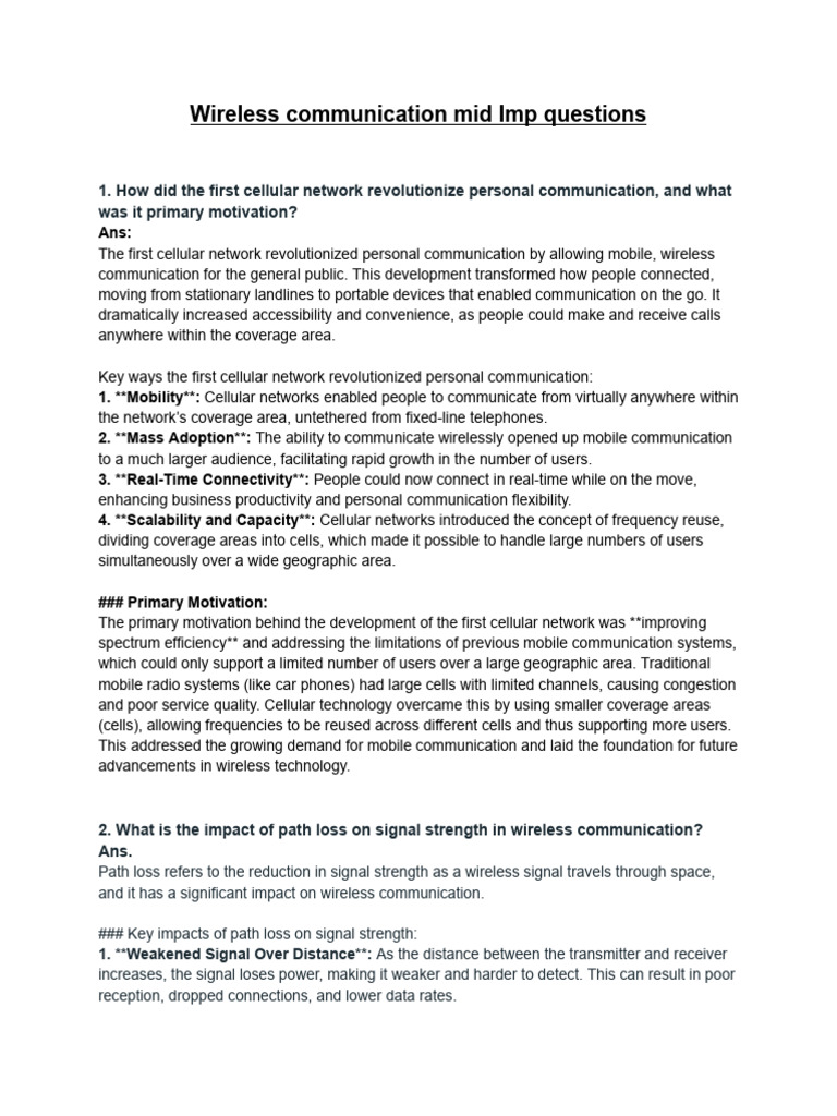 Wireless Communication Mid Imp Questions | PDF | Mimo | Cellular Network