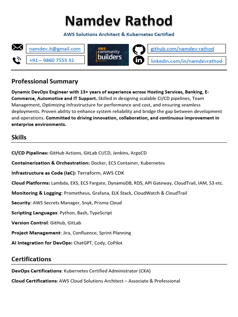 Namdev_Rathod_DevOps_Engineer_2025[1] | PDF | Amazon Web Services | Cloud Computing
