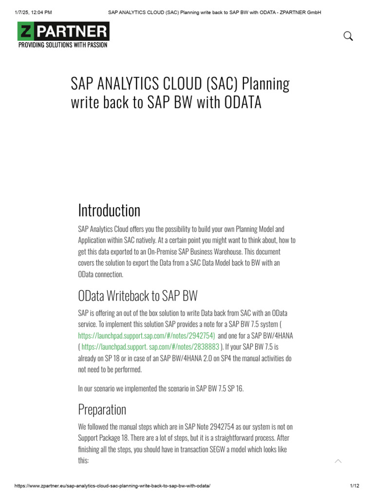 SAP ANALYTICS CLOUD (SAC) Planning Write Back To SAP BW With ODATA - ZPARTNER GMBH | PDF | Cloud ...