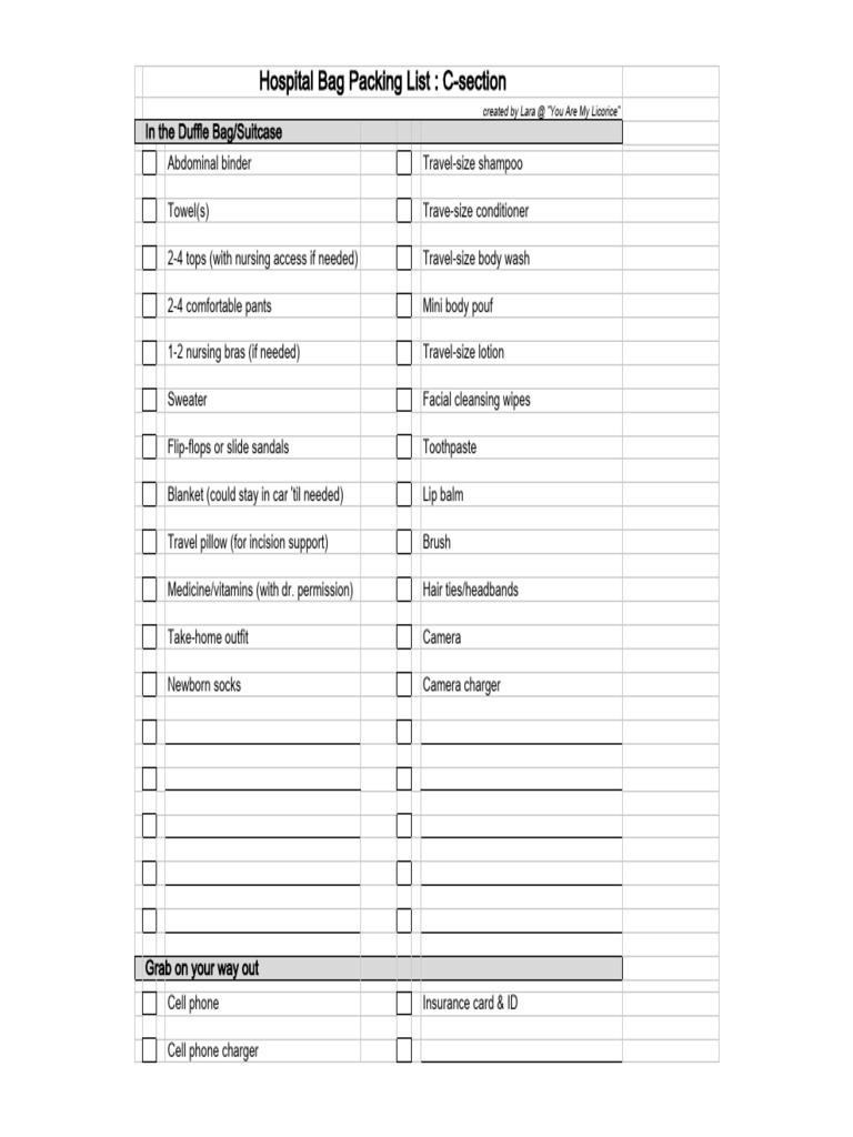 Hospital Bag Packing List : C-section | PDF