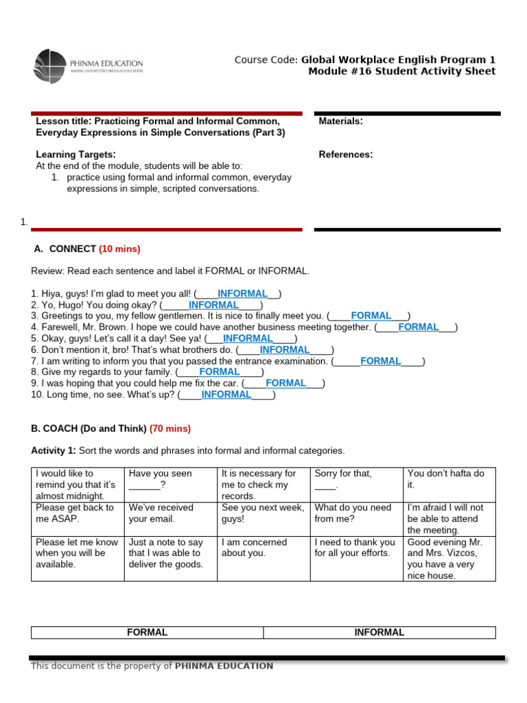 SAS16 PRACTICING FORMAL AND INFORMAL COMMON EVERYDAY EXPRESSIONS IN ...
