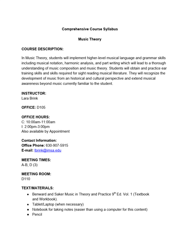 Music Theory Syllabus Fall 2019 | PDF | Chord (Music) | Music Theory