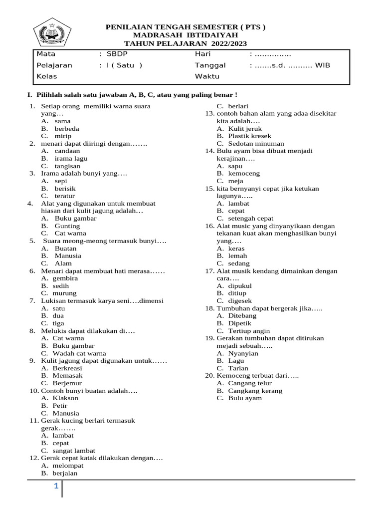 SOAL Sbdp Kelas 1 | PDF