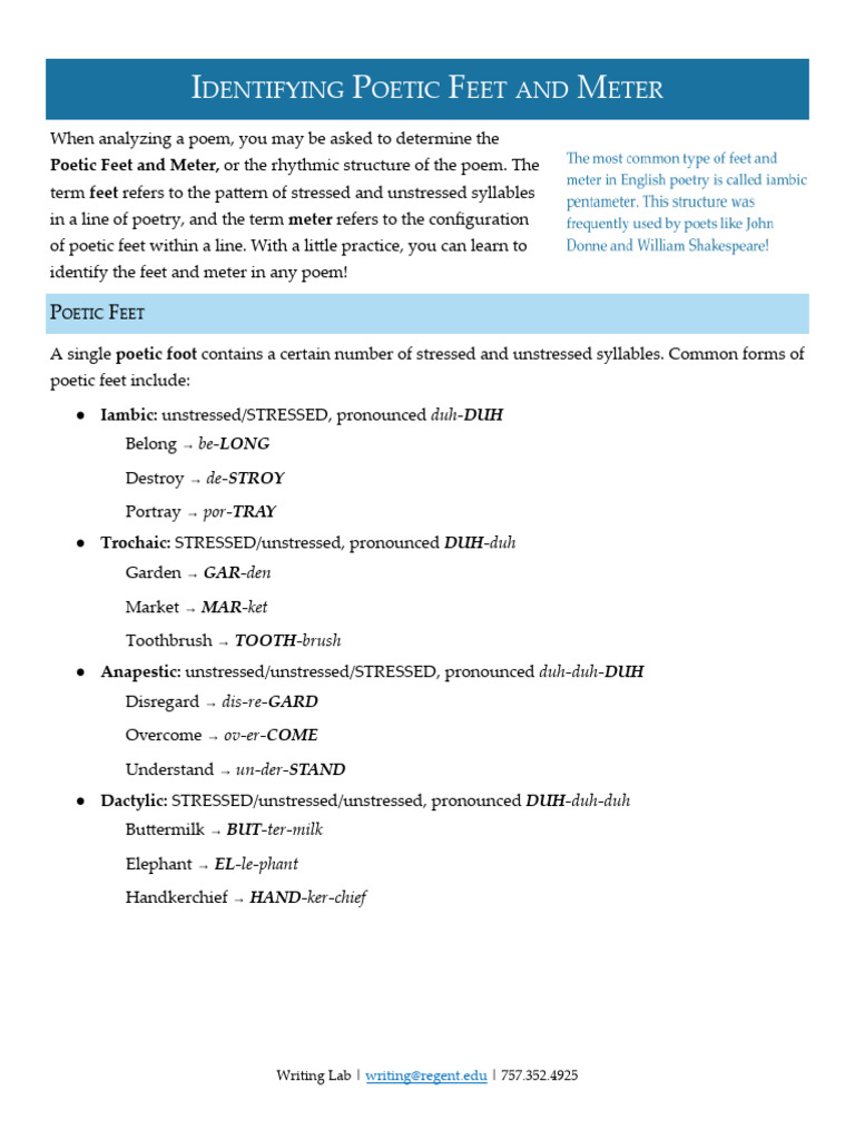 Regent Writing Lab Reading Identifying Poetic Feet and Meter | PDF ...