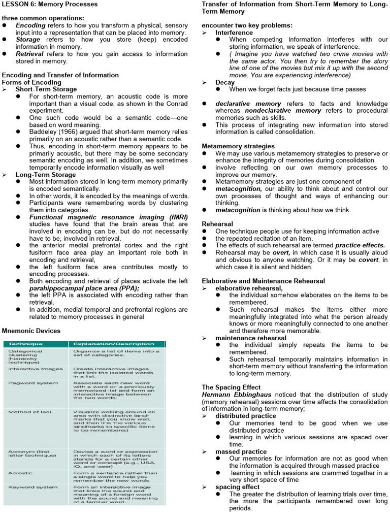 lesson 6 Memory Processes. | PDF | Memory | Recall (Memory)