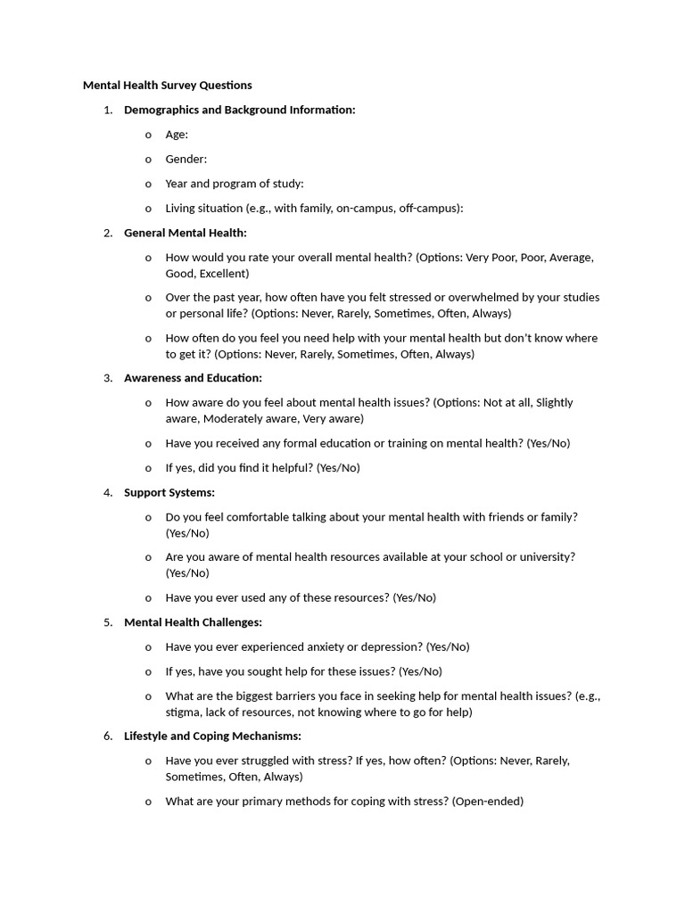 Mental Health Survey Questions Guide | PDF | Mental Health | Stress ...