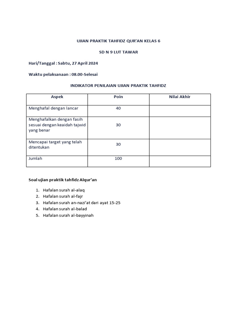 Ujian Praktik Tahfidz Kelas 6 Now | PDF