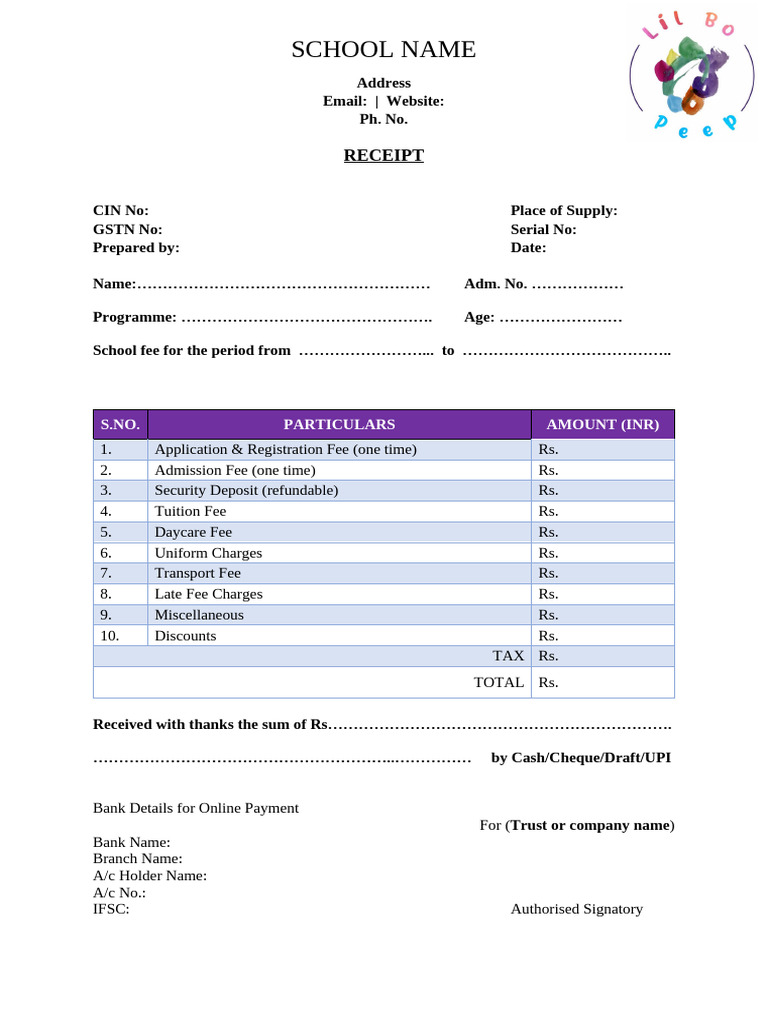 School Receipt Template | PDF