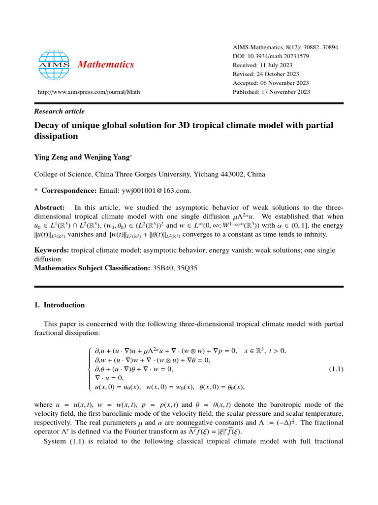 Zeng-Yang - 2023 - Decay of Unique Global Solution For 3D Tropical ...