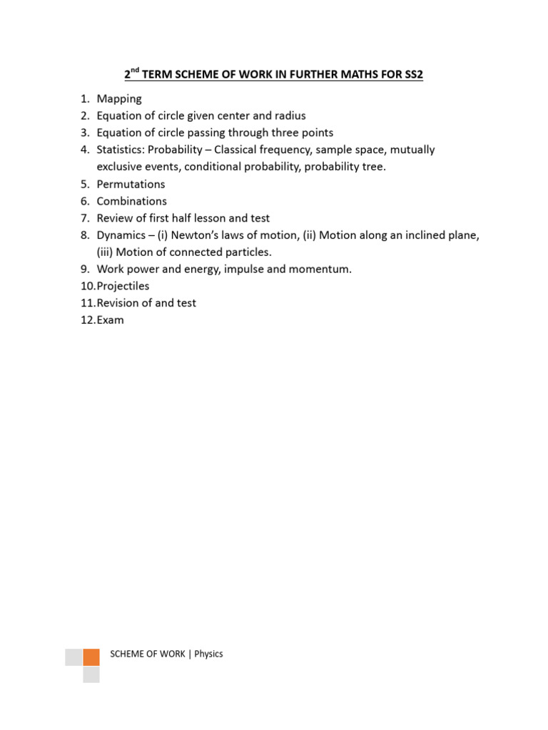 Scheme of Work Ss2 2nd Term - Futher Maths | PDF