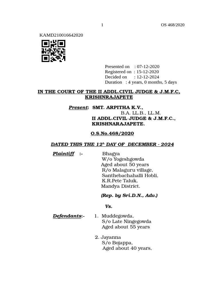 KAMD210016642020 - 1 - 2024-12-12 - Arpitha Per Injunction | PDF | Lawsuit | Justice
