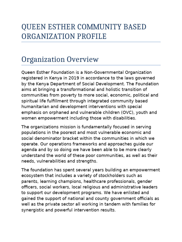 Queen Esther Community Based Organization Profile | PDF