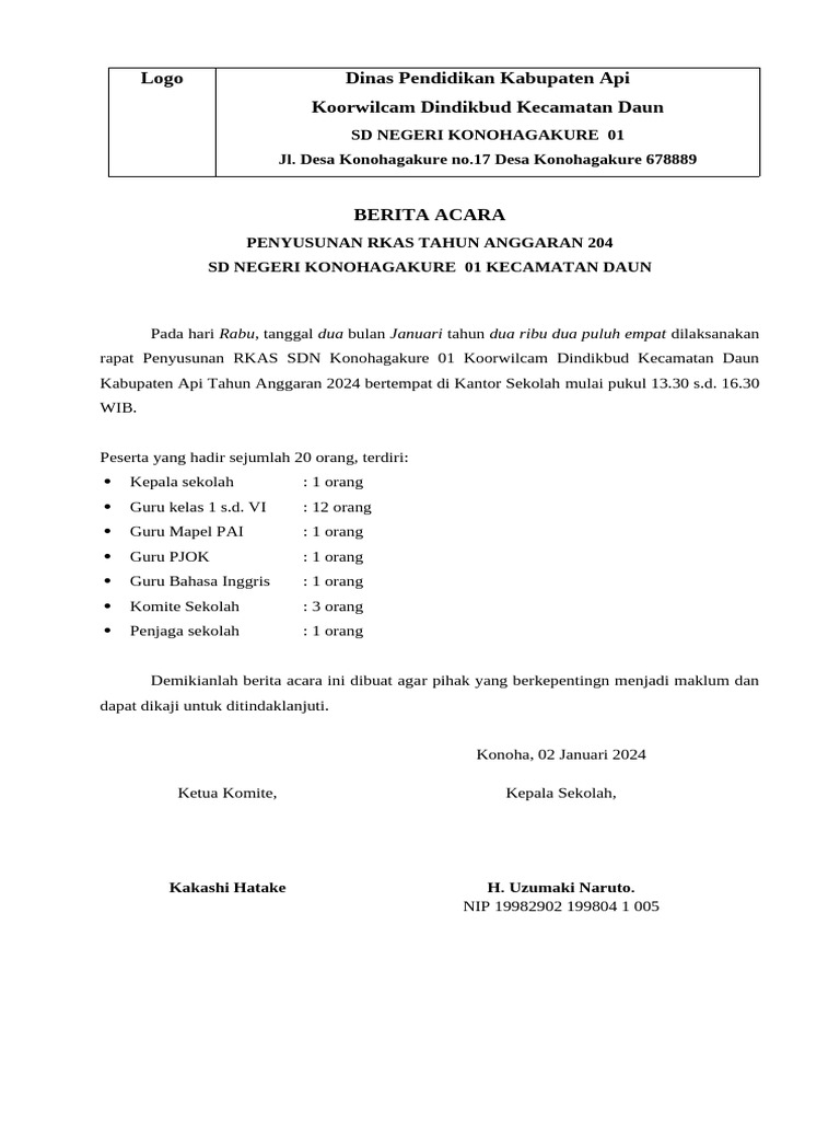 Contoh Berita Acara Dan Daftar Hadir Penyusunan RKAS | PDF