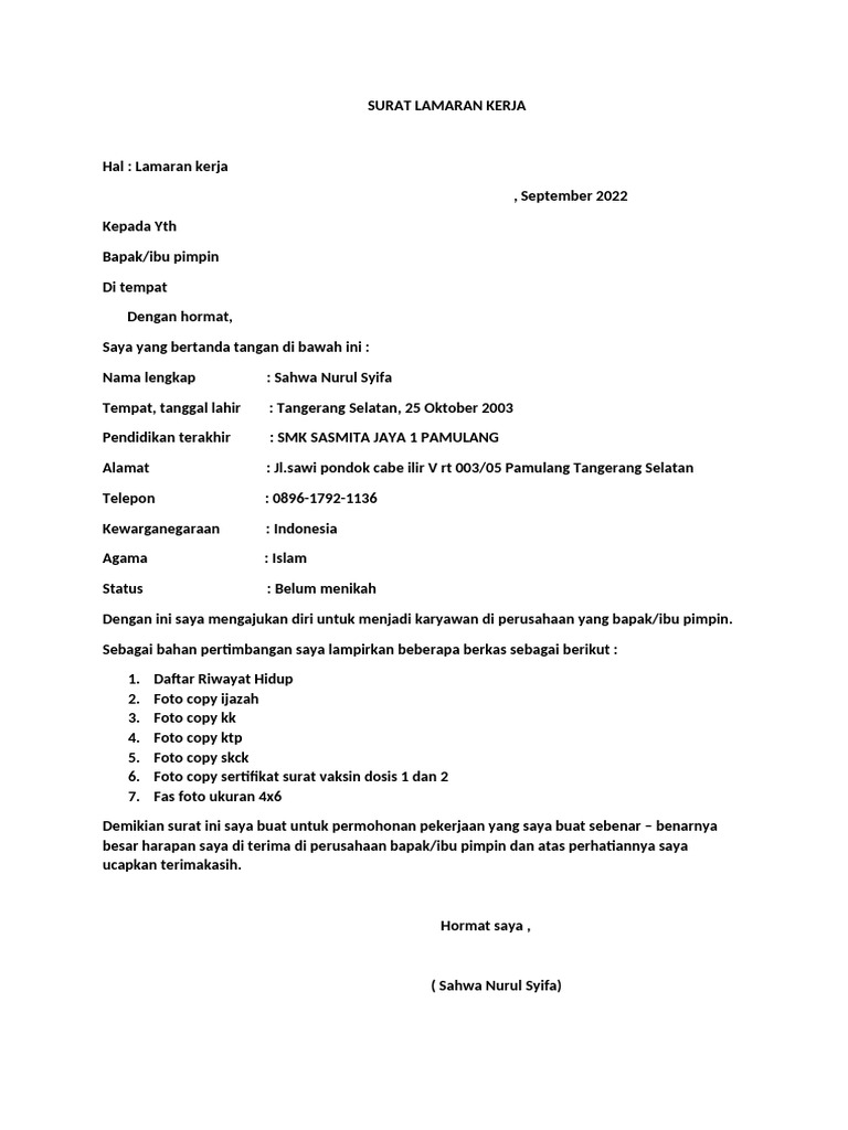 Surat Lamaran Kerja Syifa | PDF